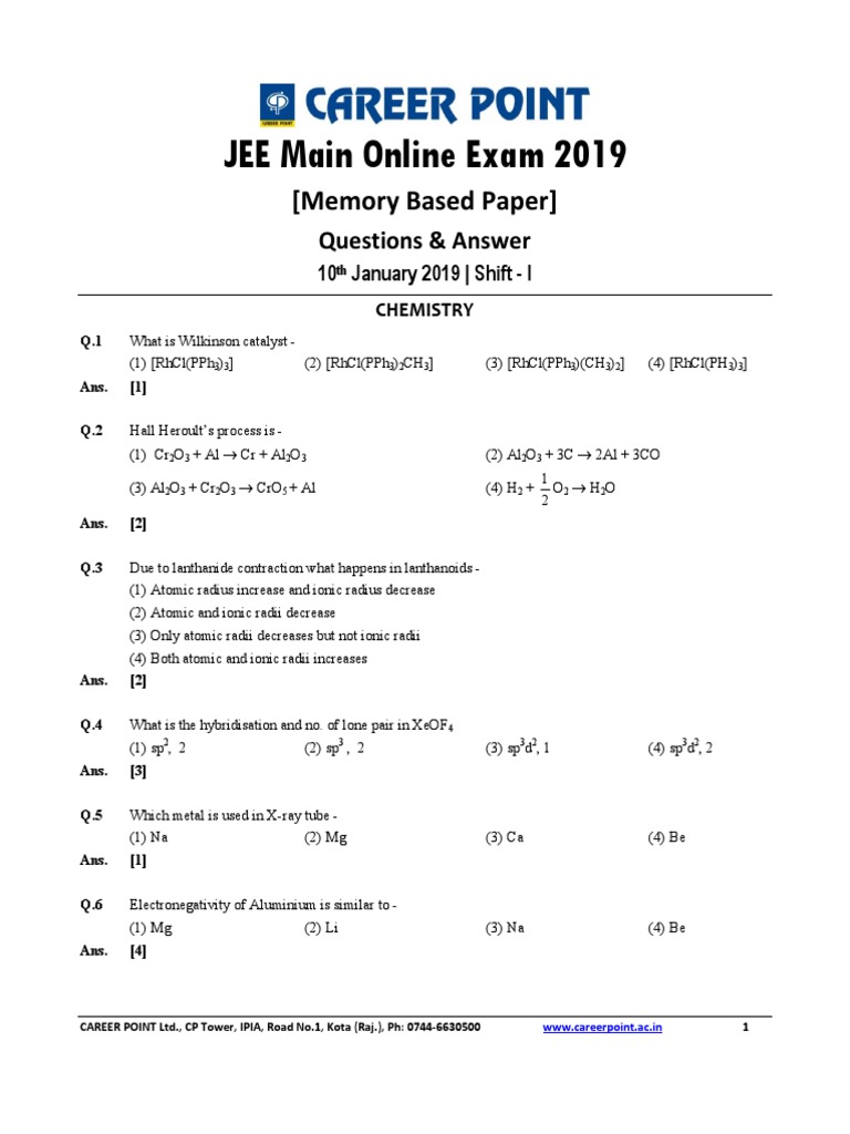 Shift 1 10 Jan JEE Main Chem | PDF | Lanthanide | Aluminium