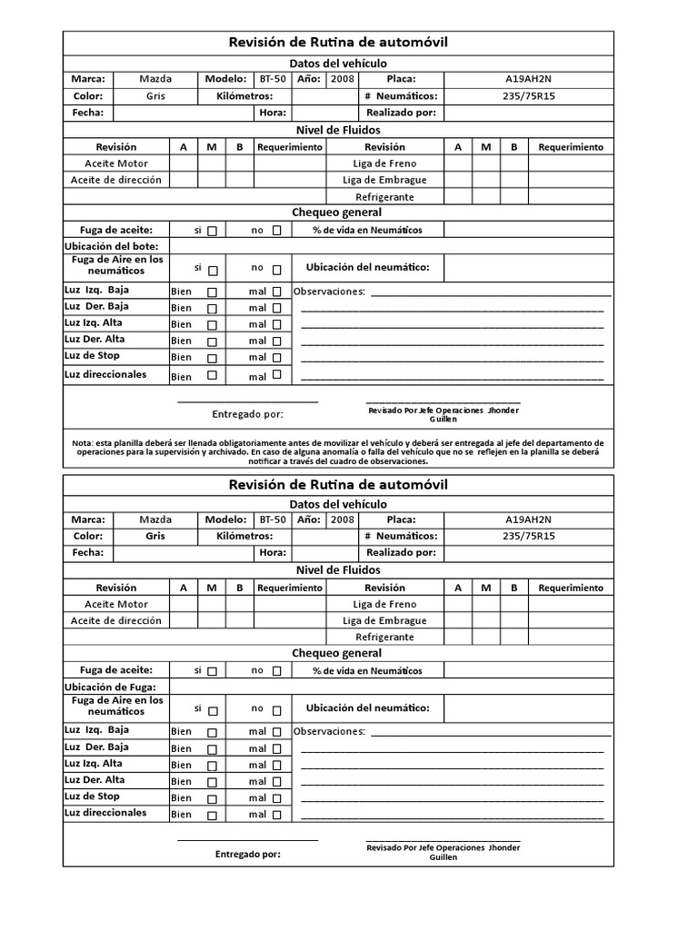 Planilla de Revision Vehicular | Fabricantes de vehículos de motor ...