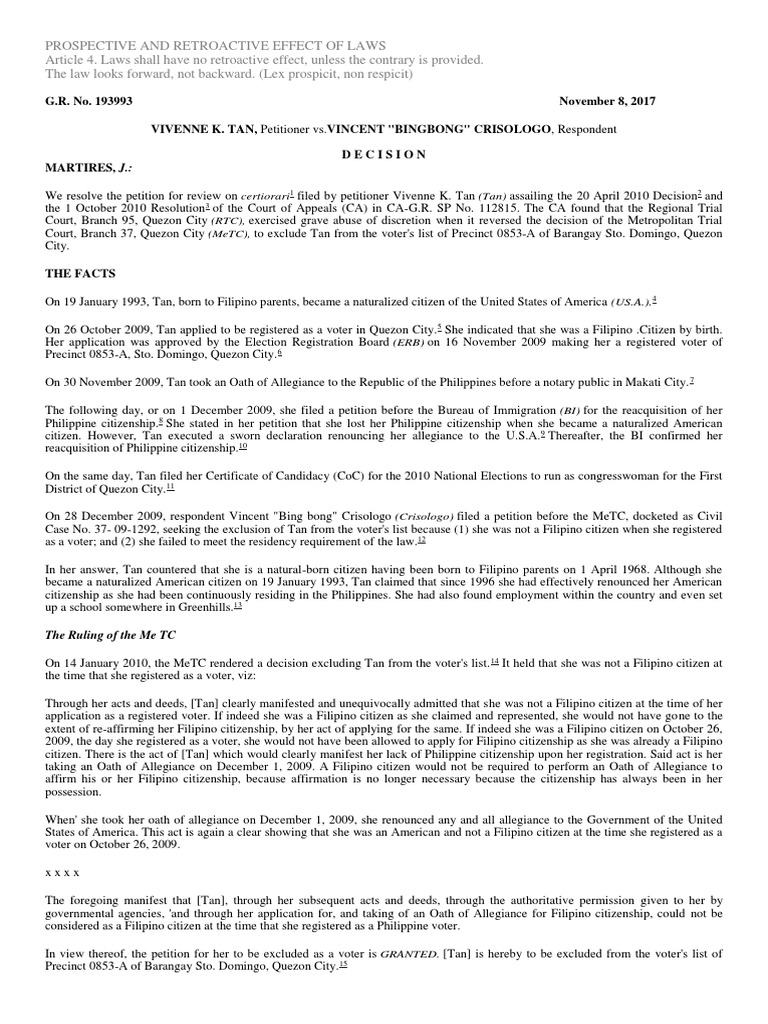 Prospective & Retroactive Effect of Laws, Art. 4 NCC - Lex Prospicit ...