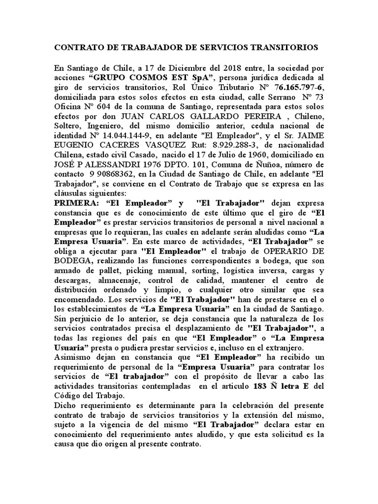 Contrato Operario Bodega Granotec Jaime Caceres | PDF | Salario | Información del gobierno