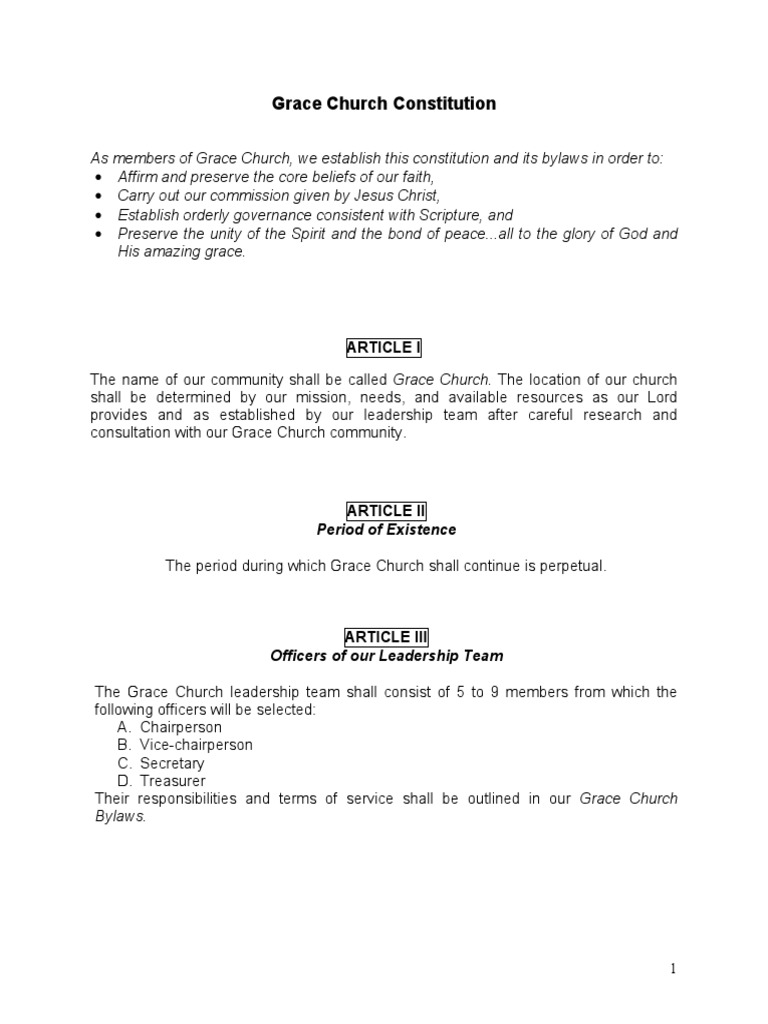 Grace Church Constitution: As Members of Grace Church, We Establish ...