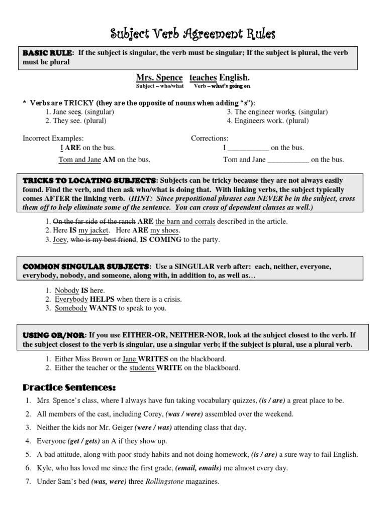 Subject Verb Agreement Notes | PDF | Subject (Grammar) | Grammatical Number