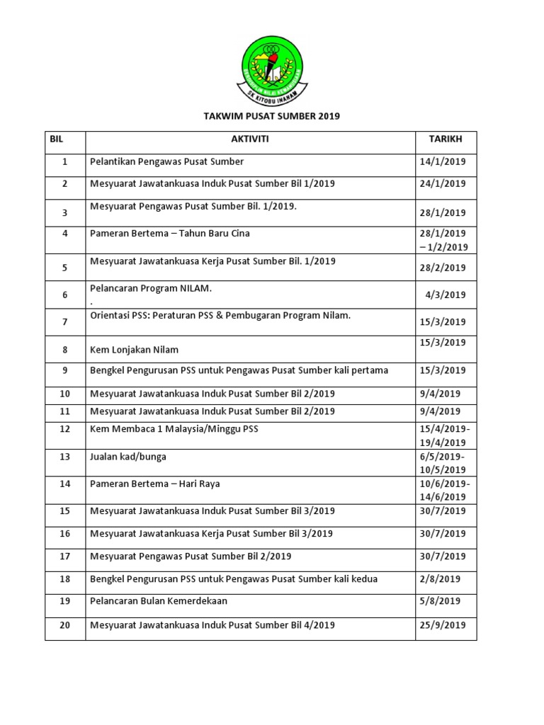 Takwim Pusat Sumber 2019 | PDF