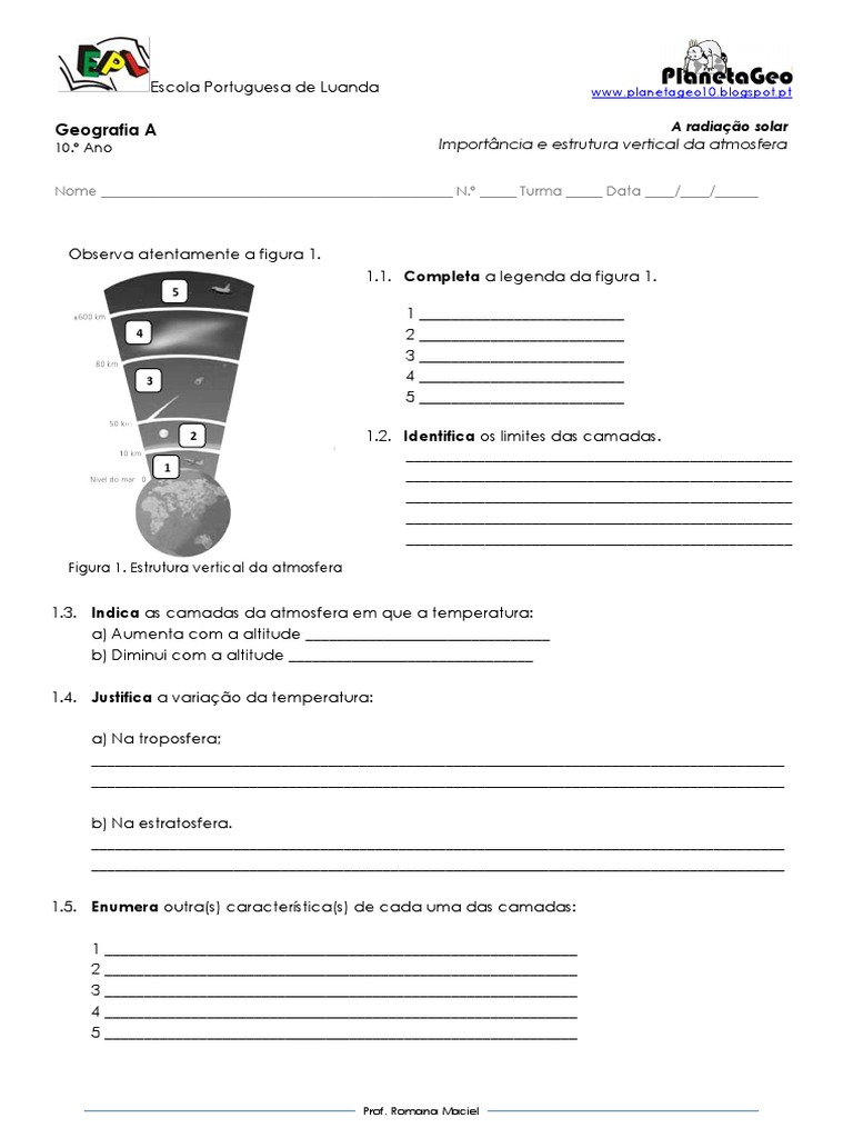 Ficha 1 - Importância - Estrutura Vertical Da Atmosfera | PDF | Atmosfera | Luz solar