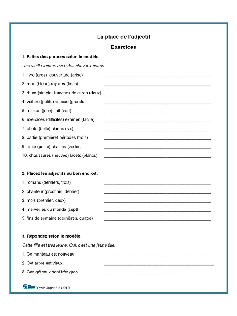 La Place de L Adjectif Exercices Et Corrige PDF | PDF | Loisirs