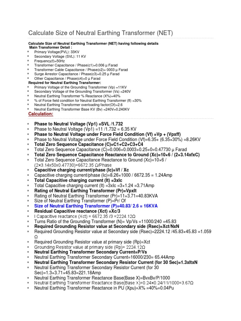 Neutral Earthing Transformer Sizing Guide | PDF | Capacitance | Transformer