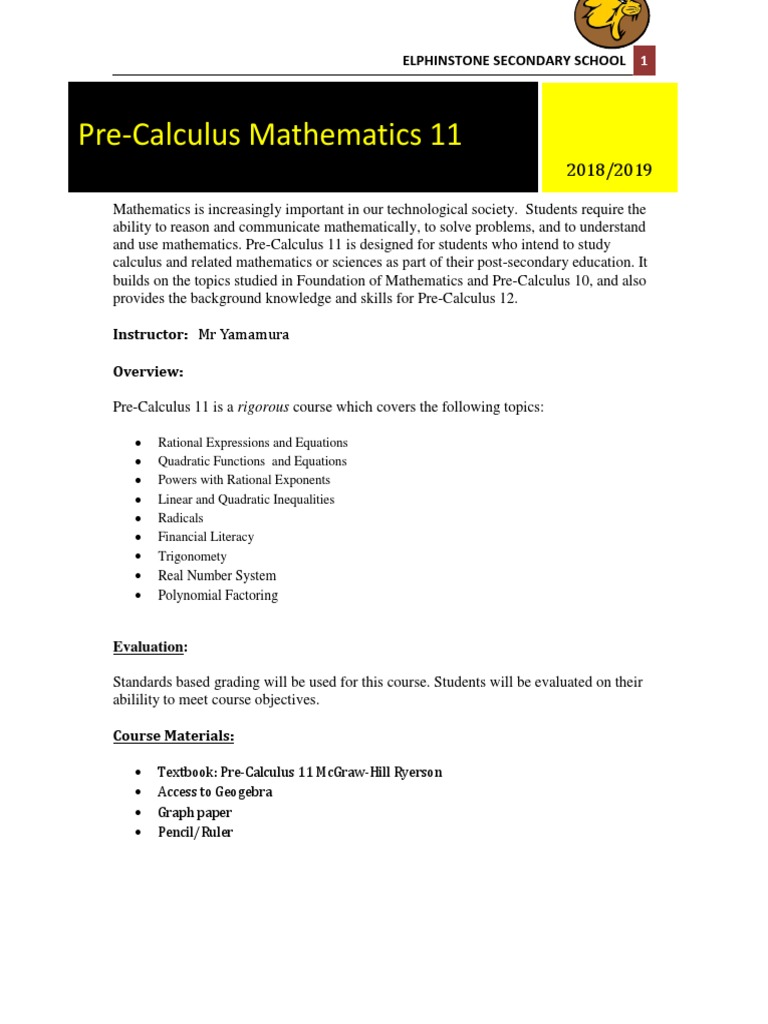 Pre-Calculus 11 Course Overview | PDF | Precalculus | Quadratic Equation