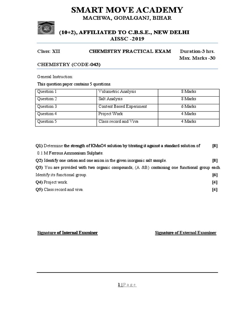 Cbse 2019 Chemistry - Xii Practical - QP | PDF