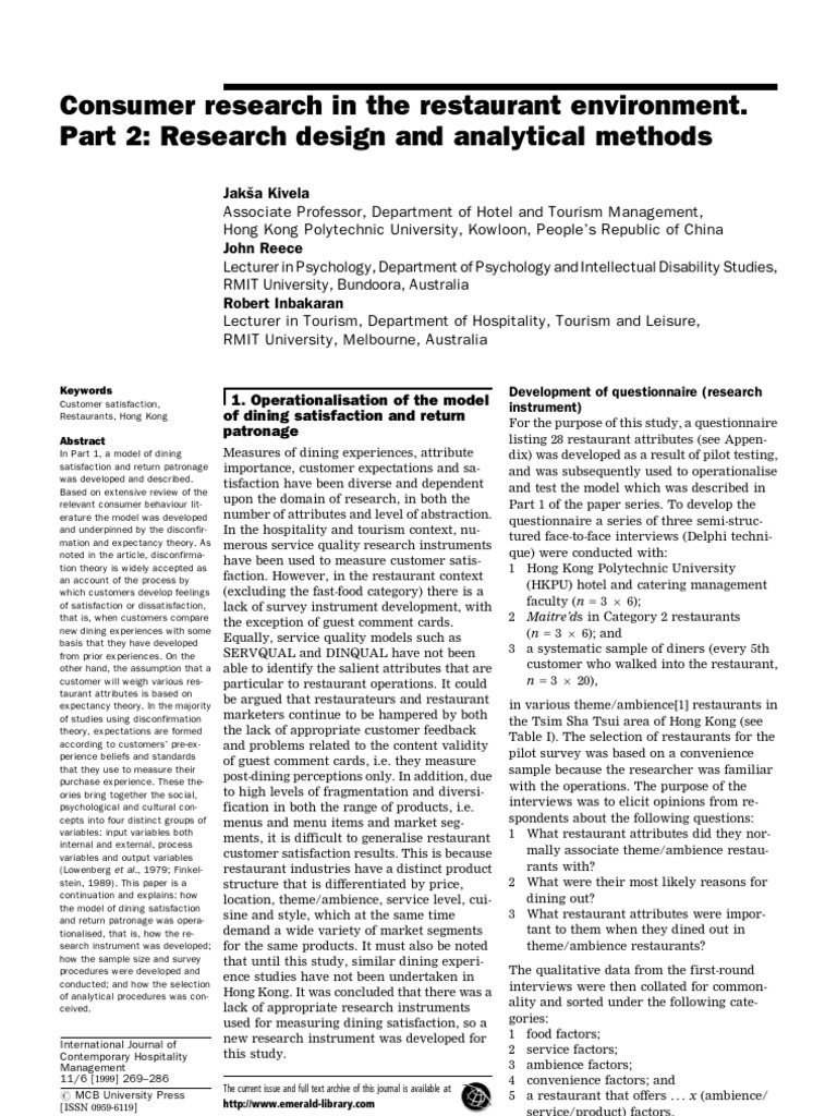 Consumer Research in The Restaurant Environment. Part 2 - Research ...