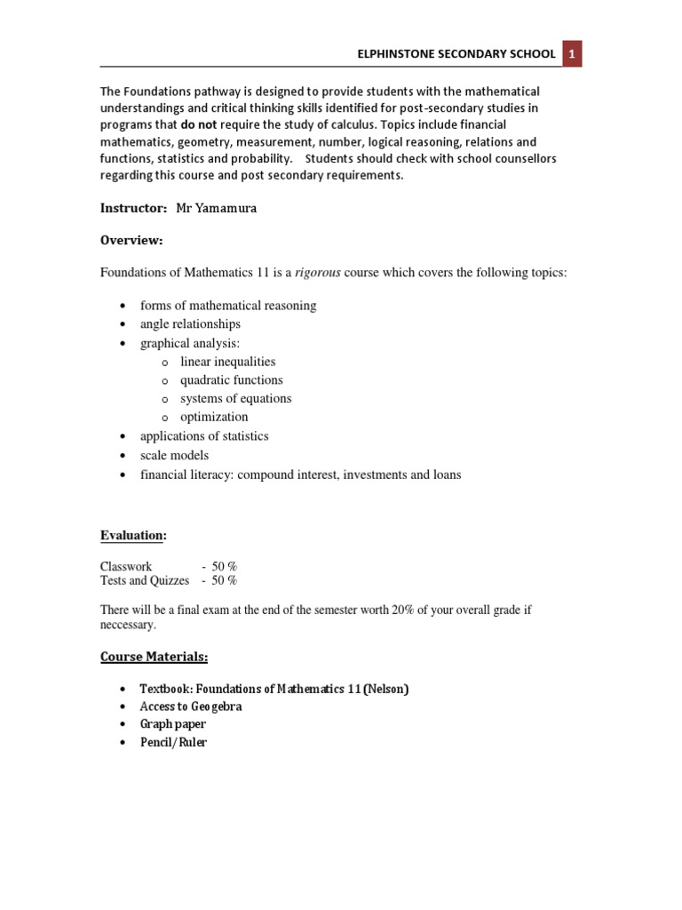 Foundations of Math 11-Course Outline 2018 | PDF