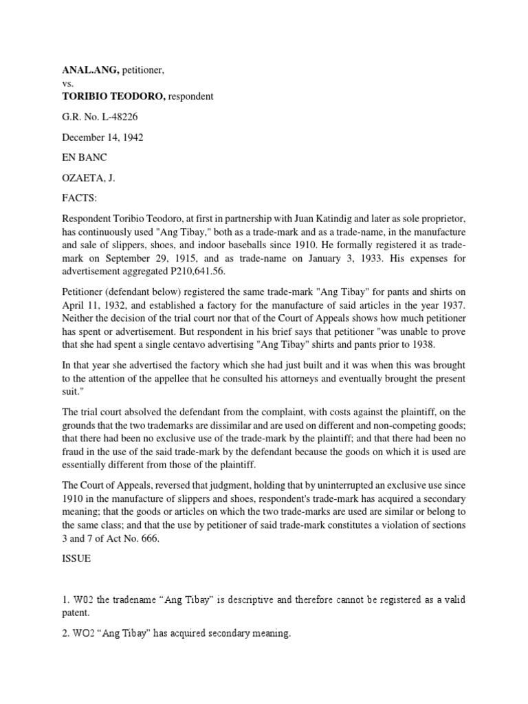 Ana L. Ang v. Teodoro Toribio | PDF | Trademark | Business Law