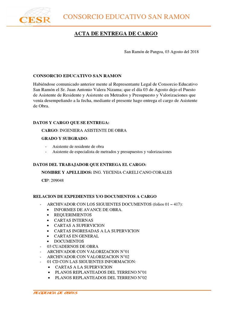 Formato De Entrega De Cargo – Carta de entrega de cargo [+Plantilla ...