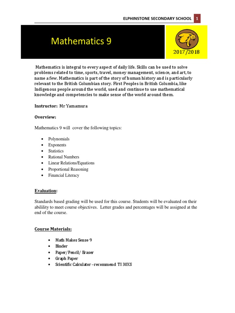 Math 9 Course Outline | PDF | Homework | Teaching Mathematics