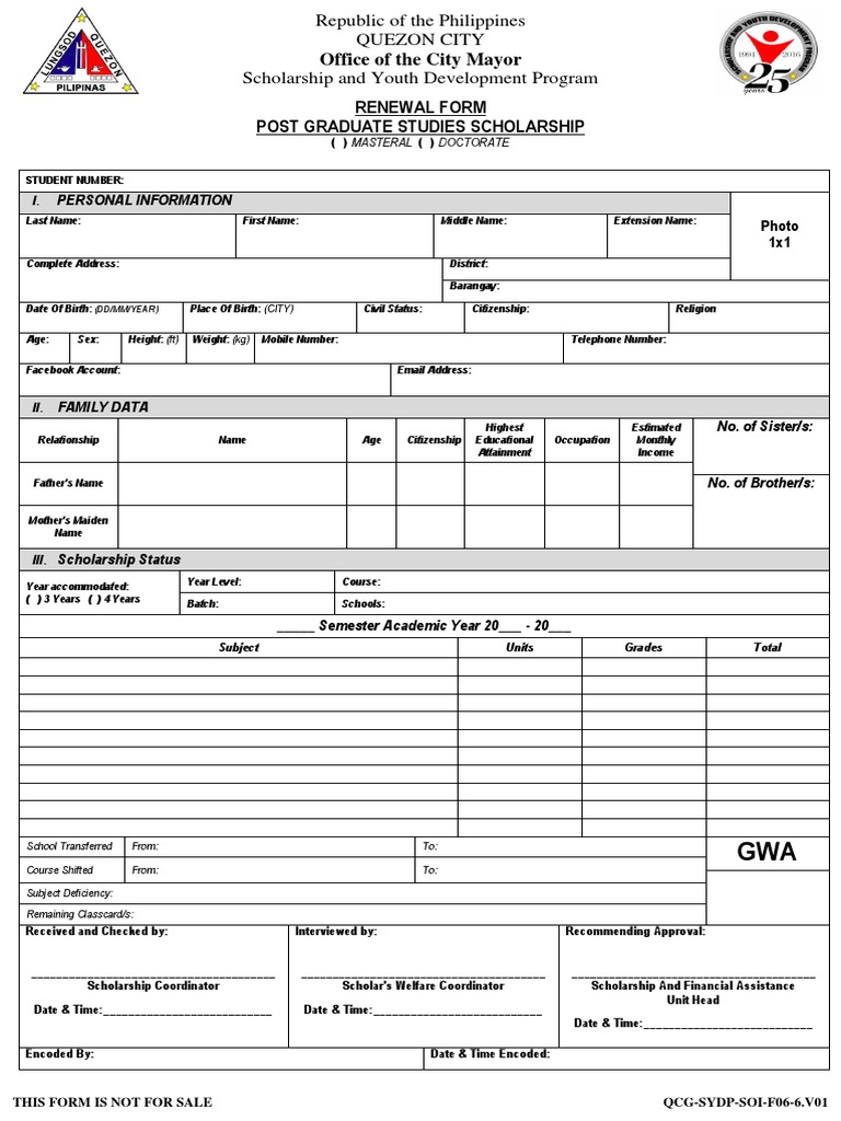 Office of The City Mayor Renewal Form Post Graduate Studies Scholarship ...