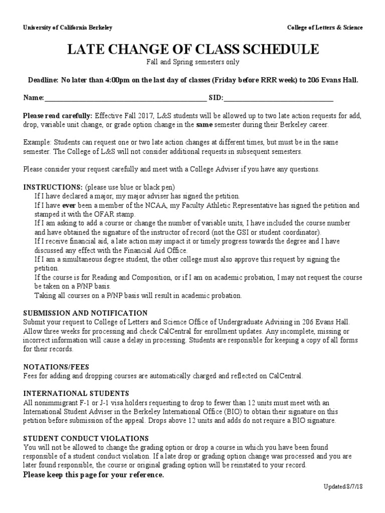 Late Change of Class Schedule: University of California Berkeley ...