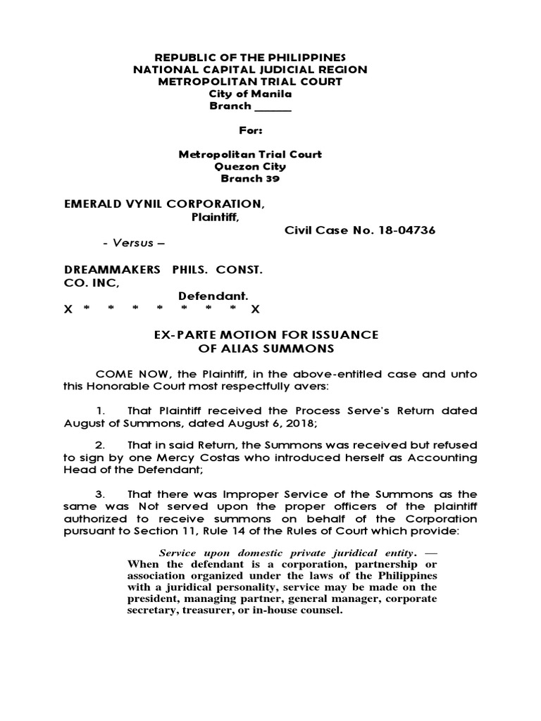 Ex-Parte Motion For Issuance of Alias Summons: Service Upon Domestic Private Juridical Entity ...