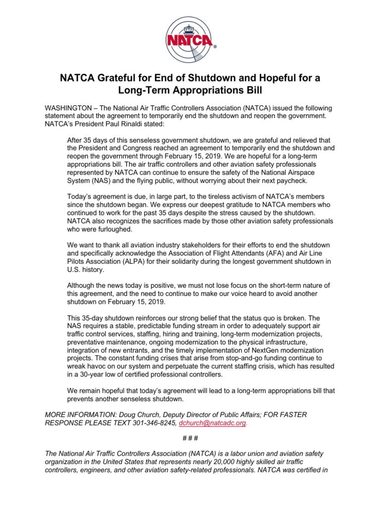 NATCA Statement on Shutdown End | PDF | Air Traffic Control | Aviation
