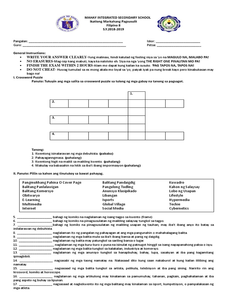 Filipino 8 Q3 Testpaper | PDF