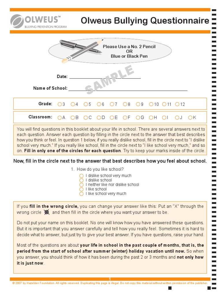 Olweus Bullying Questionnaire Sample | PDF | Bullying