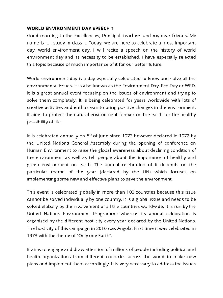 World Environment Day Speech for Students | PDF | Environmentalism ...