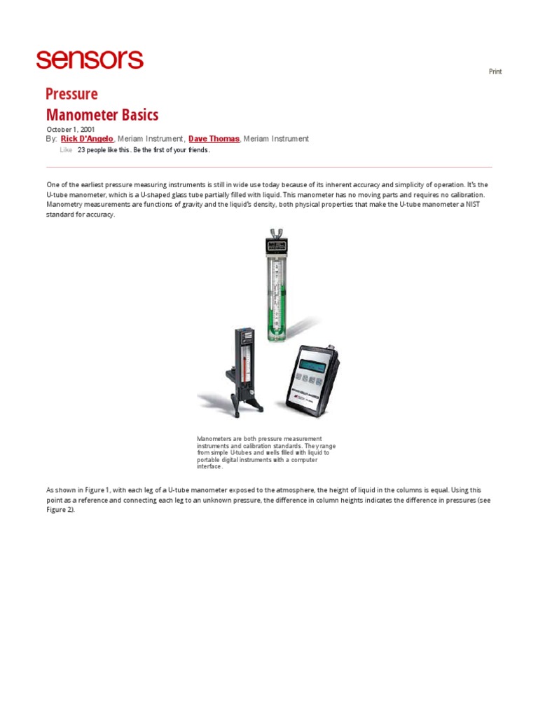 Manometer Basics Sensors | PDF | Pressure Measurement | Atmospheric ...