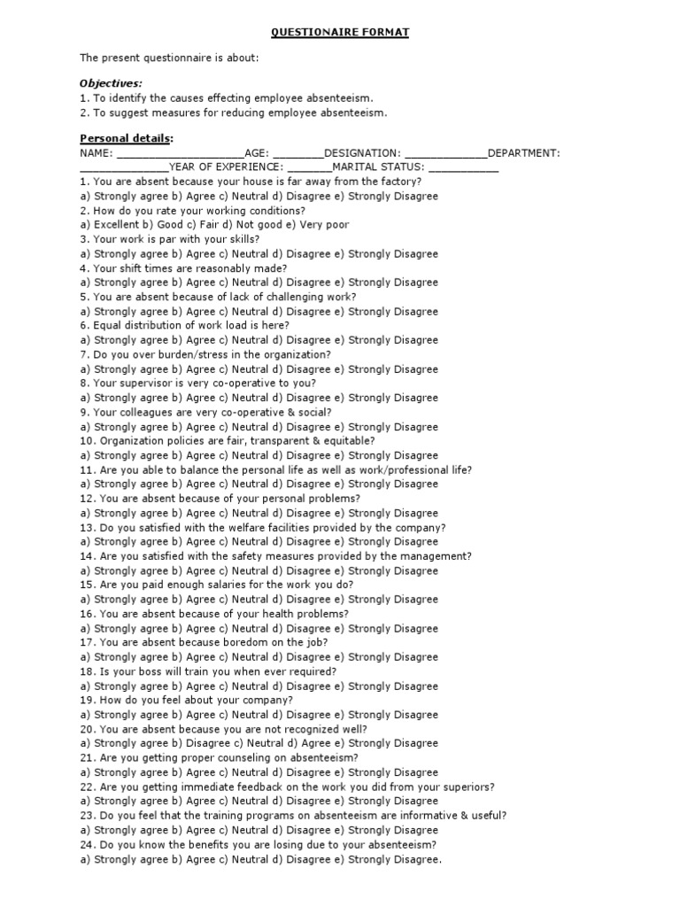 Employee Absenteeism Questionnaire | PDF | Behavioural Sciences ...