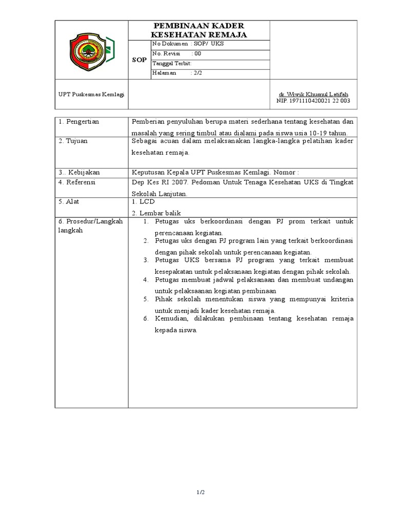 SOP Pembinaan Kader Kesehatan Remaja | PDF SOP Pembinaan Kader Kesehatan Remaja | PDF