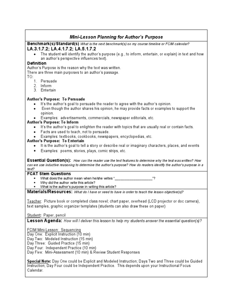 Author's Purpose Mini-Lesson Plan | PDF | Underwater Diving | Newspapers