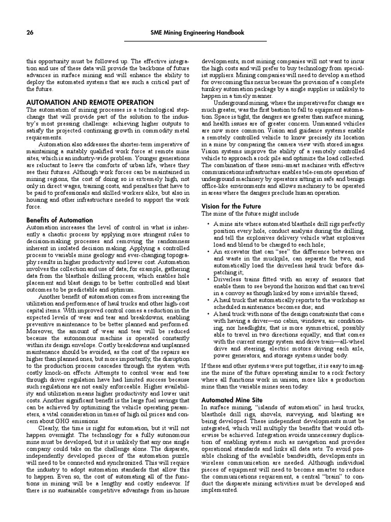 Automation and Remote Operation: 26 Sme Mining Engineering Handbook ...