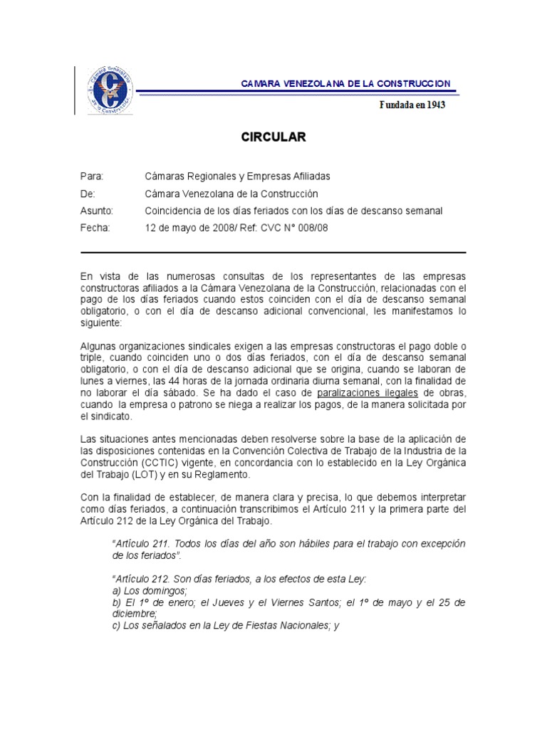 Circular Sobe Coincidencia de Dias Feriados Con Dias de Descanso CVC ...