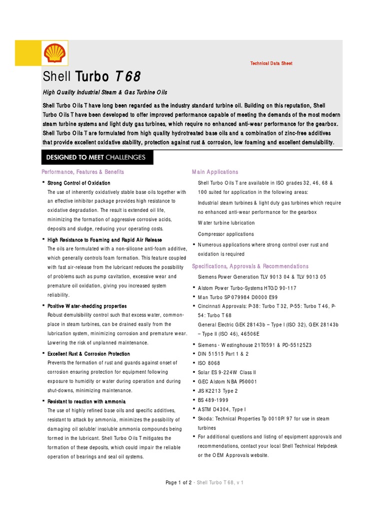 Shell Turbo T 68: Industrial Turbine Oil | PDF | Corrosion | Motor Oil