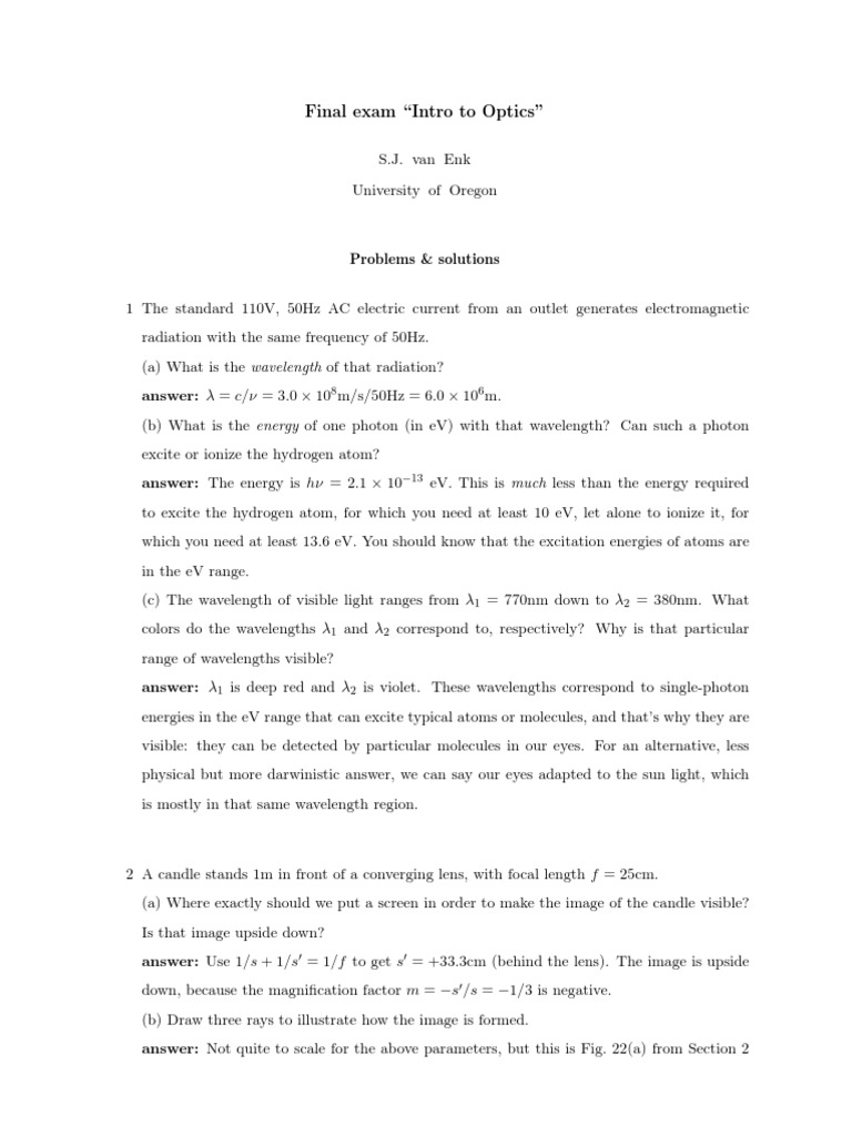 Final Exam "Intro To Optics": Problems & Solutions | PDF | Angular Resolution | Diffraction