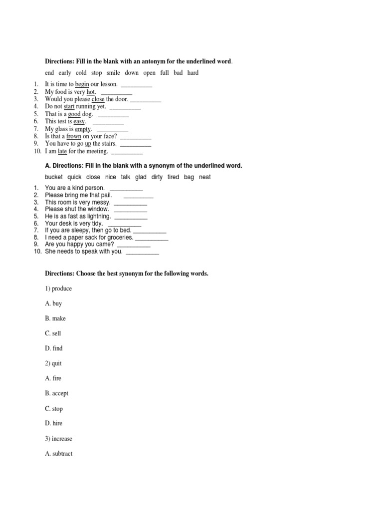 Directions: Fill in The Blank With An Antonym For The Underlined Word | PDF