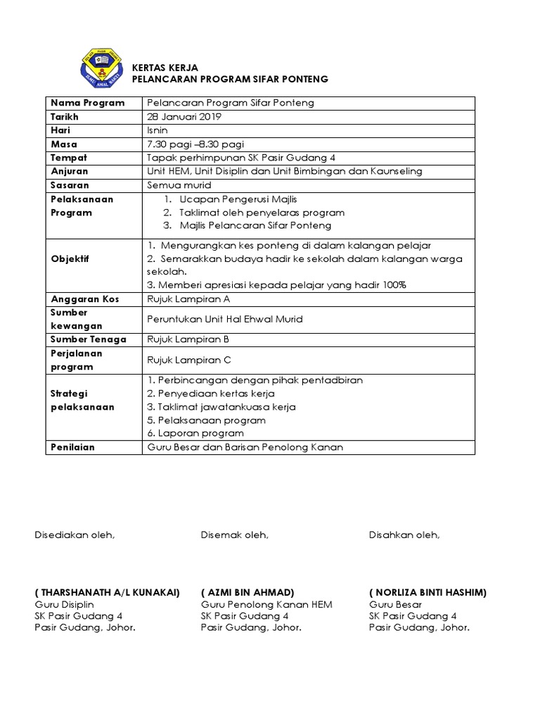 Kertas Kerja Program Sifar Ponteng 2019 | PDF