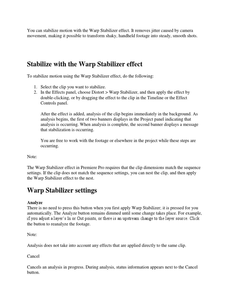 Warp Stabilizer Settings Guide | PDF | Shutter (Photography) | Camera