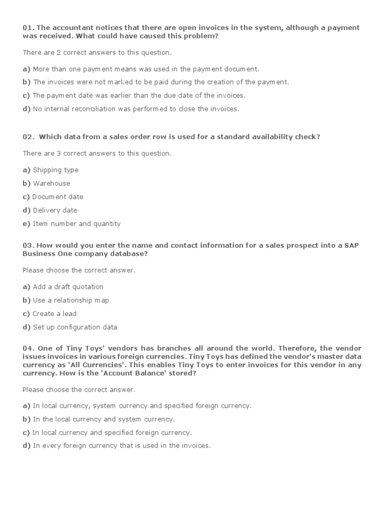 SAP Business One 9.1 - MCQ Test | PDF | Inventory | Balance Sheet