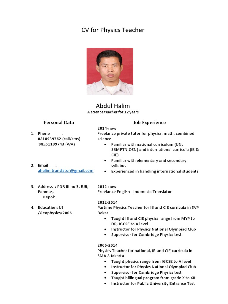 CV For Physics Teacher Abdul Halim | PDF