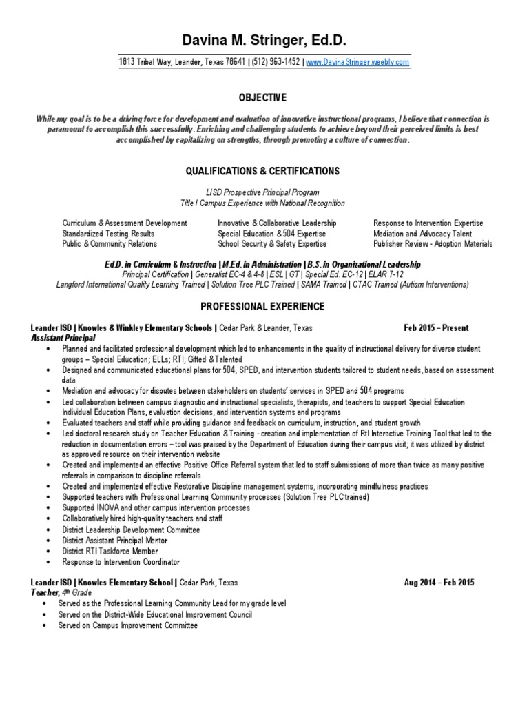 2018 Davina Stringer Professional Resume | PDF | Special Education ...