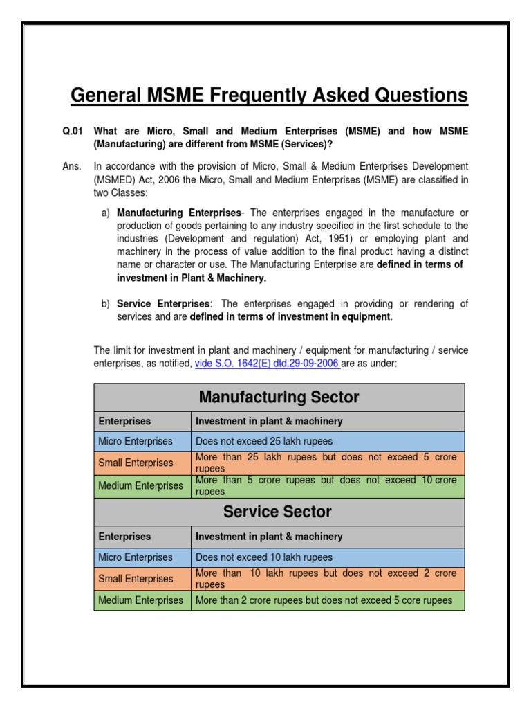 General MSME Frequently Asked Questions: Manufacturing Sector | PDF ...