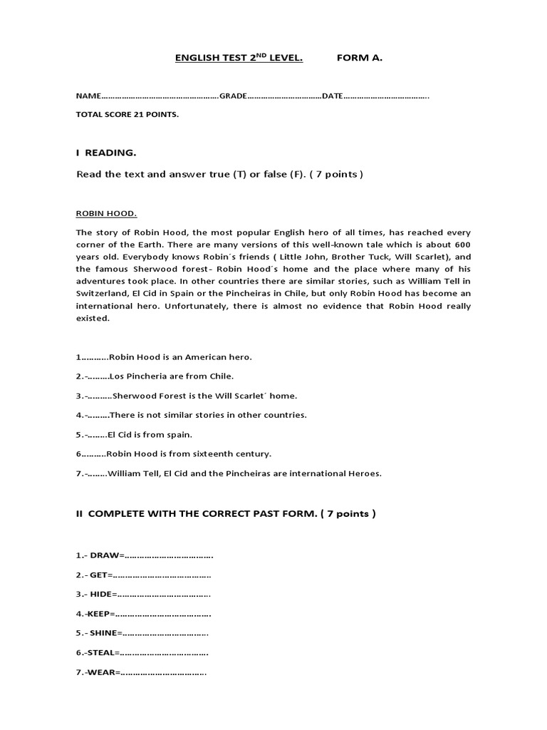English Test 2: Level. Form A | PDF
