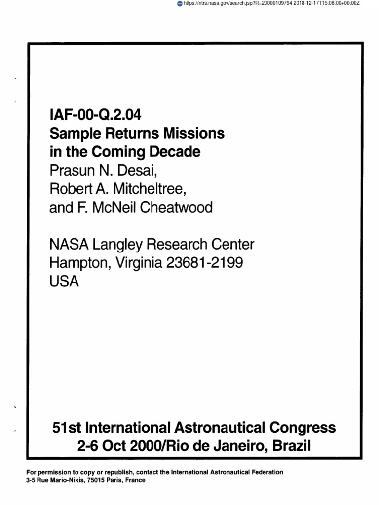 SampleReturnMissions NASA | PDF | Atmospheric Entry | Aerodynamics