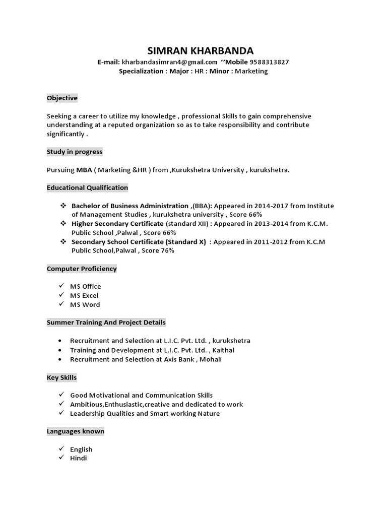 Simran Kharbanda: E-Mail: Kharbandasimran4 Specialization: Major: HR ...