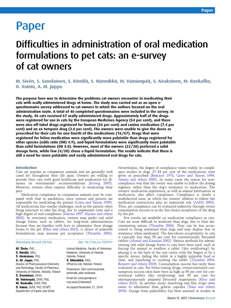 Difficulties in Administration of Oral Medication To Pet Cats | PDF ...