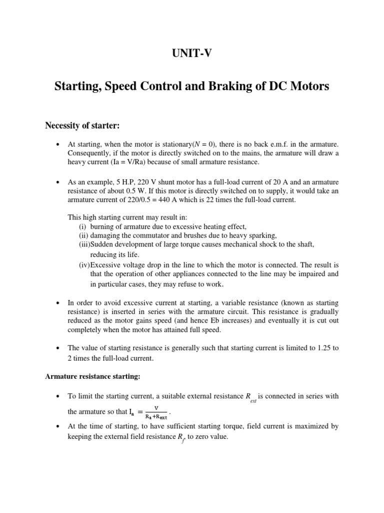 Starting, Speed Control and Braking of DC Motors: Unit-V | PDF | Brake ...