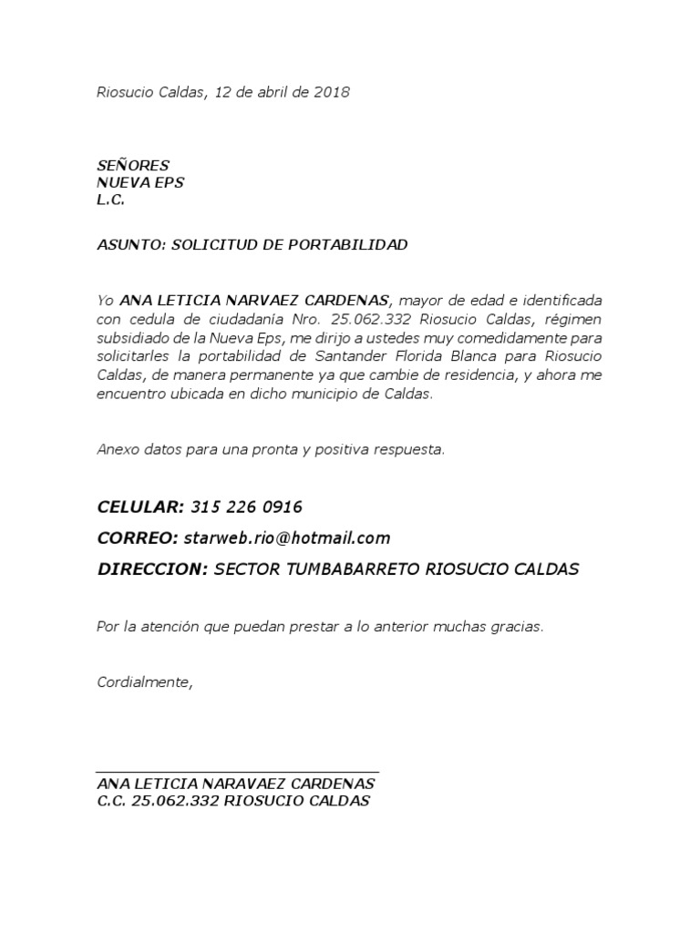 Cartas Solicitud de Portabilidad Nueva Eps | PDF | Documentos oficiales | Gobierno y personalidad