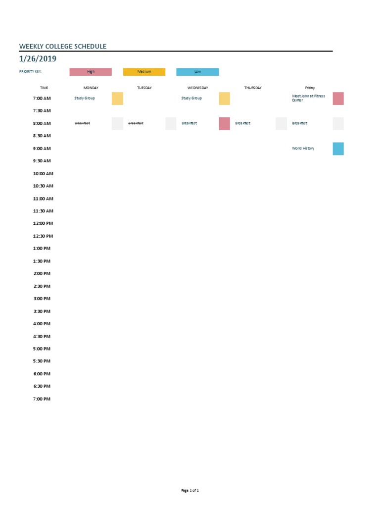 Weekly College Schedule: High Medium Low | PDF