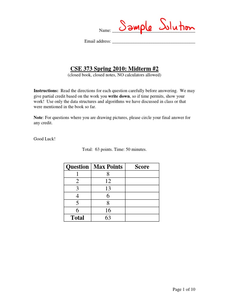 Cse373 10sp Midterm2.Key | PDF | Algorithms And Data Structures | Algorithms