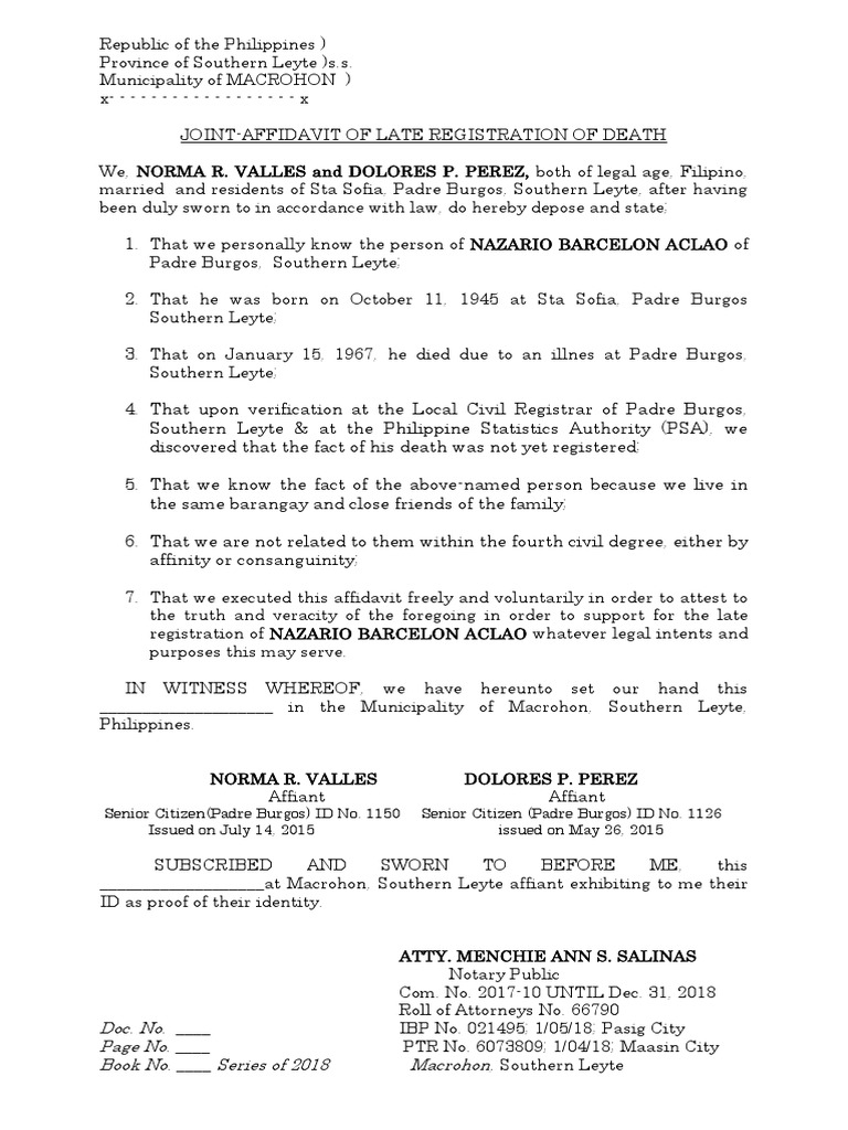 Joint Affidavit for Late Death Registration | PDF | Affidavit | Legal ...