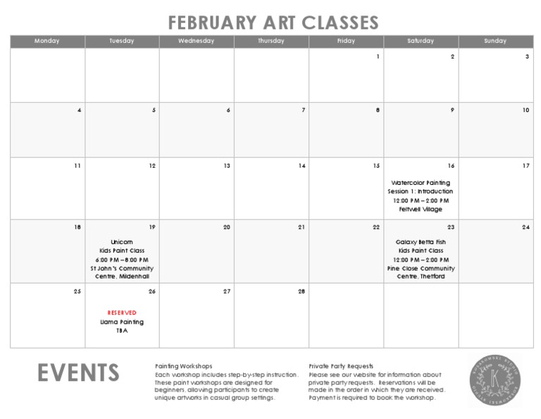 February Art Classes Schedule | PDF | Paintings