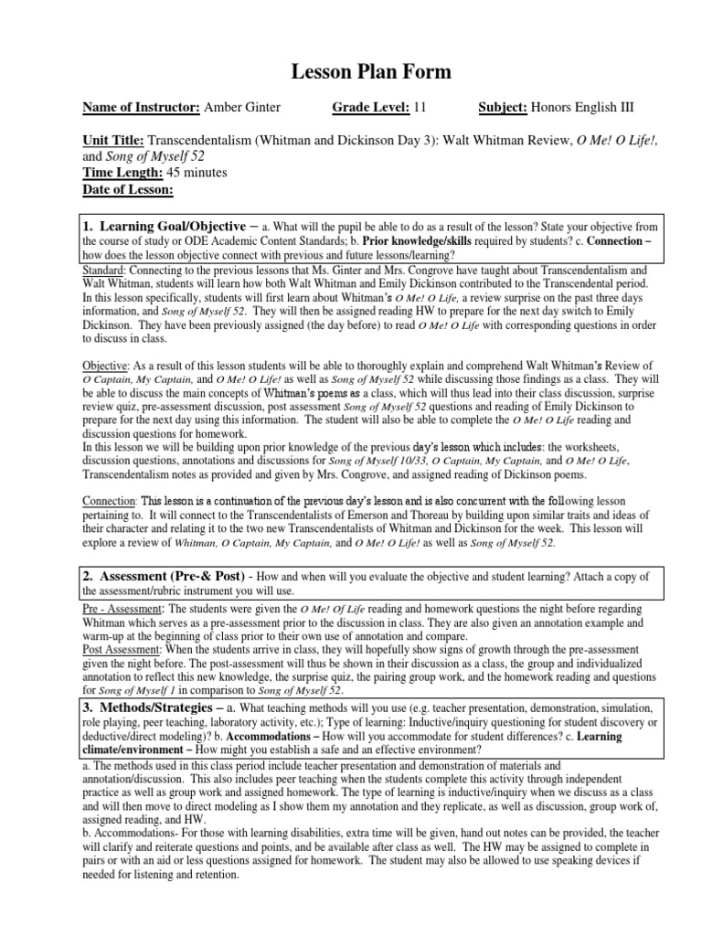 Stlesson 3 Whitman and Transcendentalism | PDF | Reading Comprehension ...